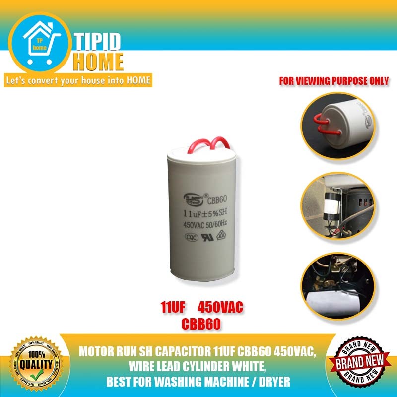 MOTOR RUN SH CAPACITOR 11UF CBB60 450VAC, WIRE LEAD CYLINDER WHITE ...