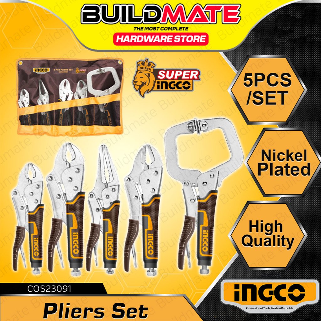 (EXCLUSIVE) BUILDMATE Ingco 5PCS Pliers Set 7" - 11" Inch Curved Jaw ...