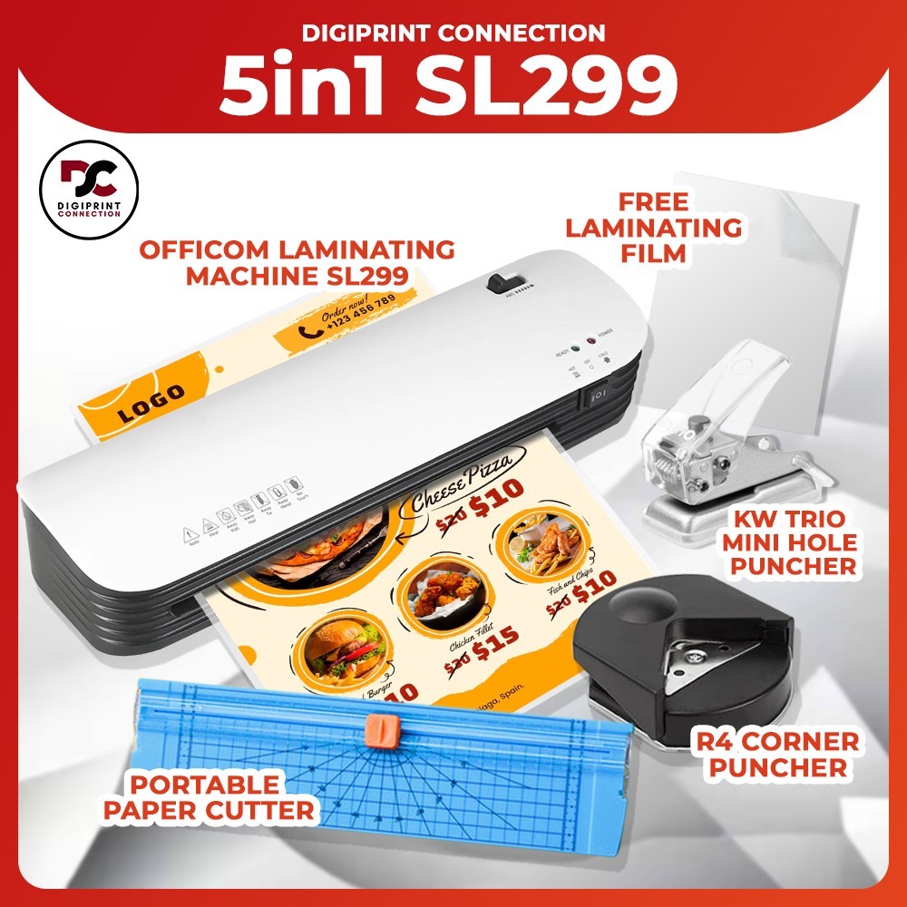 OFFICOM 5in1 Laminator SL299 HOT/COLD A4 Laminating Machine w Puncher & Trimmer FREE LAMINATING ...