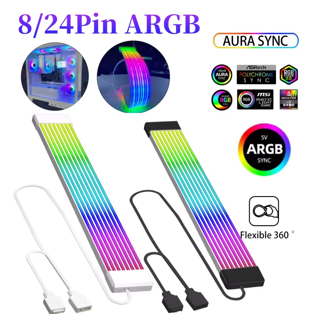 ARGB Cable Sleeves 24pin 8pin PSU 5v 3pin RGB Motherboard Sync GPU PCIE ...