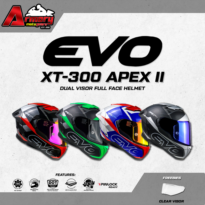 EVO XT-300 APEX II Dual Visor Full Face Helmet with Free Clear Lens ...