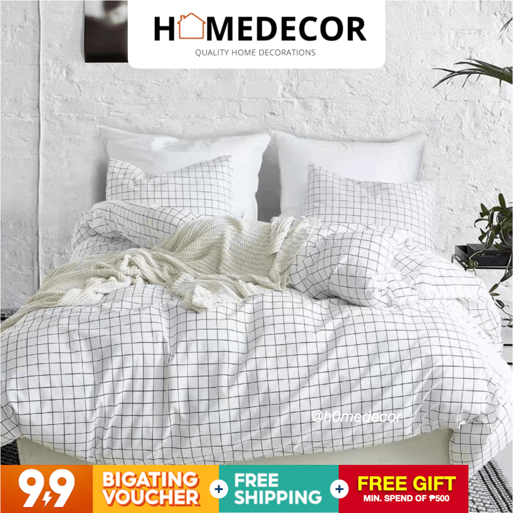 White Grid Classic Modern Design 3in1 Korean Cotton Bedsheet Set (Size ...