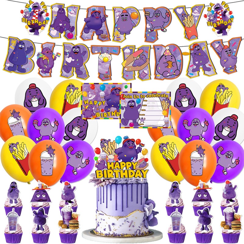 YP GRIMACE Happy Birthday Banner Decoration Set Paper Cake Topper Latex ...