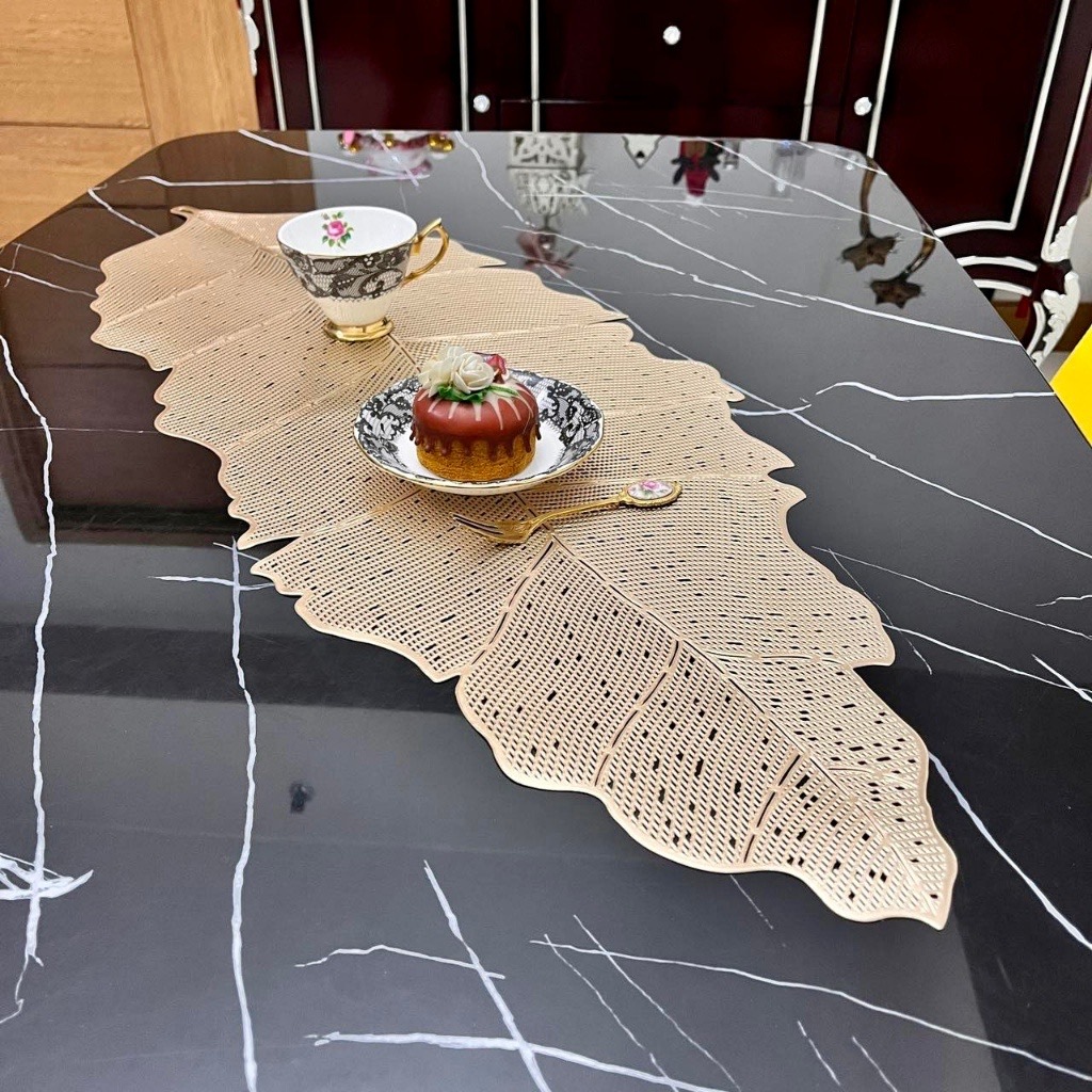 PVC Waterproof Gold leaf Table runner simulated plant hollow table mat ...