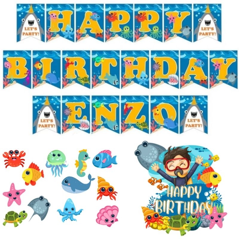 Ocean Sea Animals Theme Birthday Party Banner Cupcake Cake Topper ...