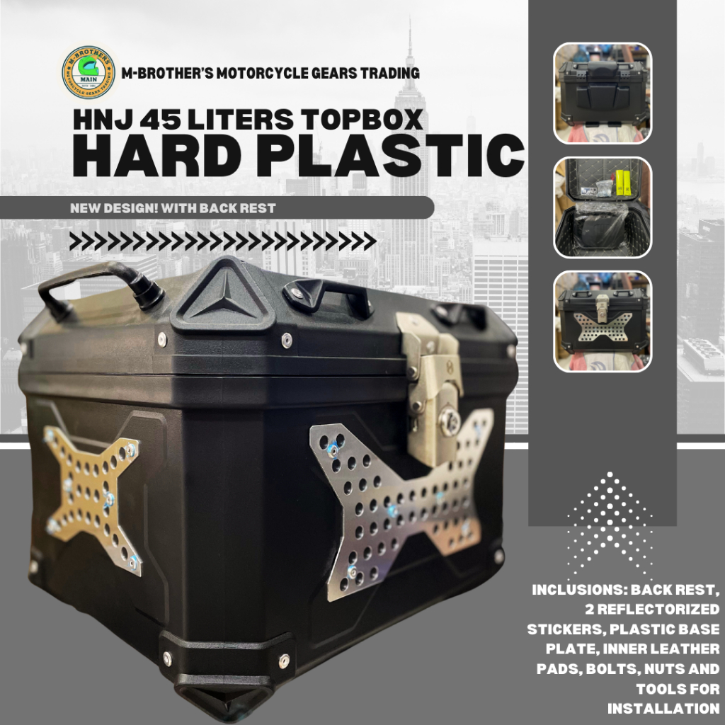 HNJ 45 Liters Hard Plastic Topbox Triple Silver Plated Design with Back ...
