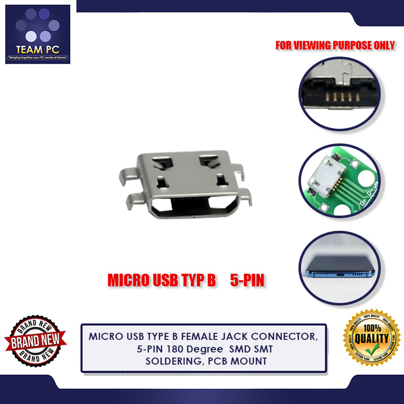 MICRO USB TYPE B FEMALE JACK CONNECTOR, 5-PIN 180 Degree SMD SMT ...