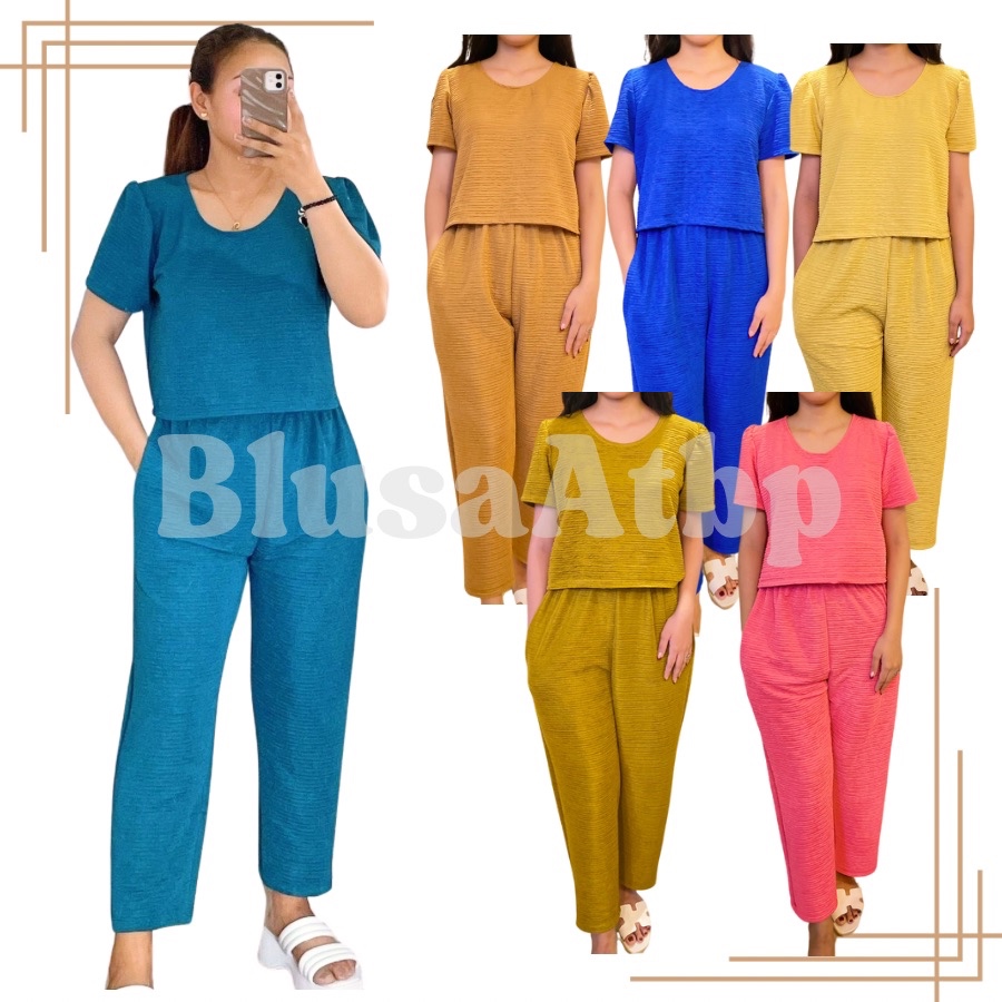 BLUSA Puff Sleeve Terno With Pocket Bark Crepe | Shopee Malaysia