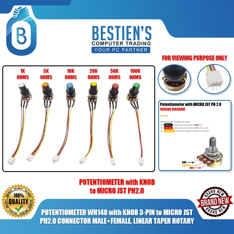 POTENTIOMETER WH148 with KNOB 3-PIN to MICRO JST PH2.0 CONNECTOR MALE+FEMALE, LINEAR TAPER ...