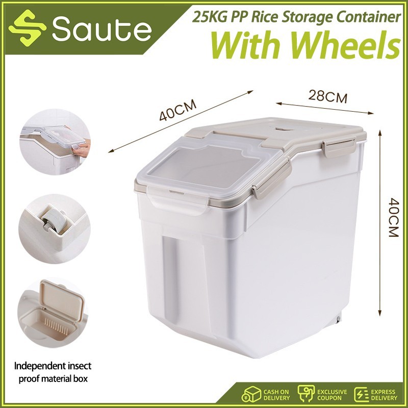 Flour Storage Container 25kg with Wheels Seal Locking Lid PP Pack ...