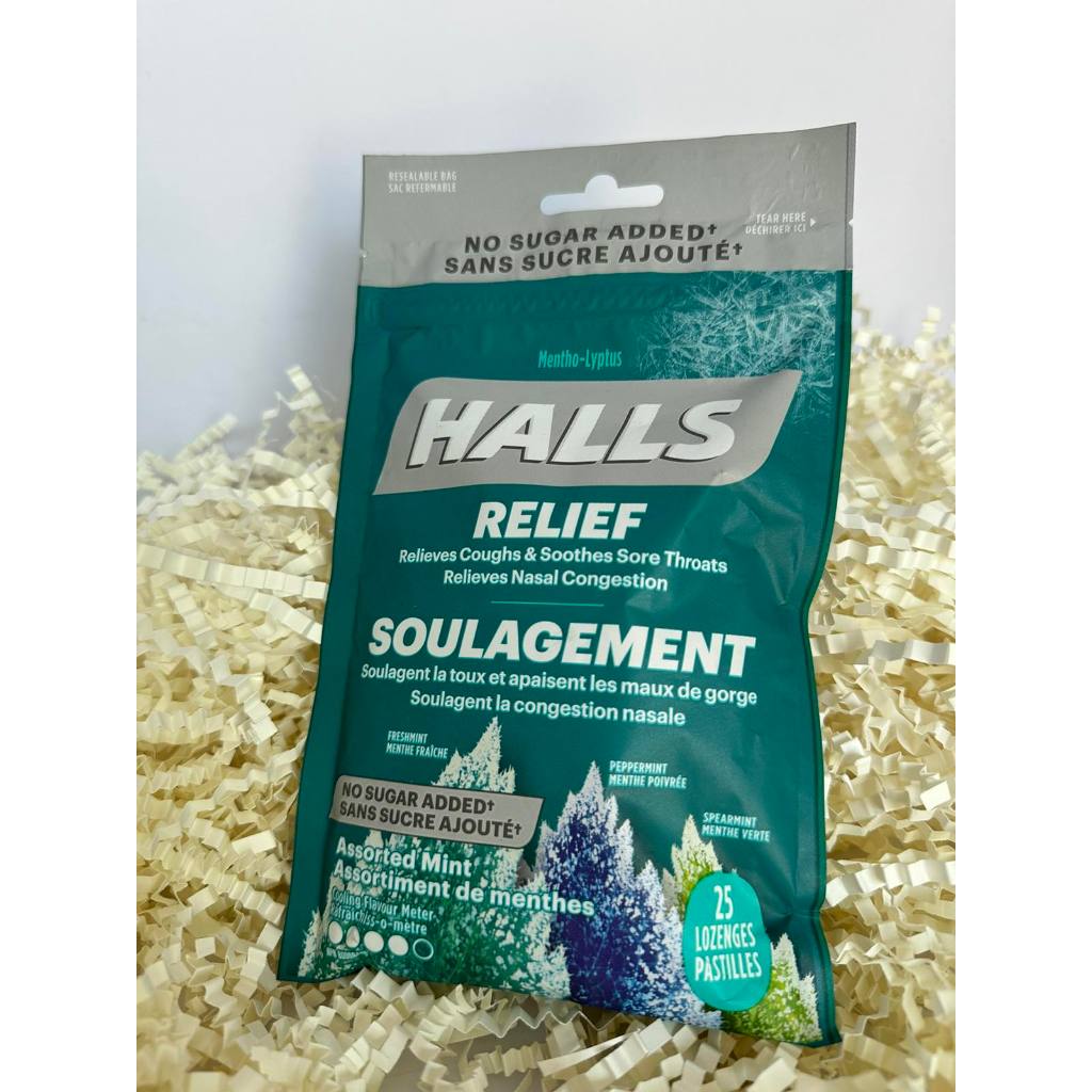HALLS RELIEF SOULAGEMENT , Assorted Mint 25 Lozenges pastilles NO SUGAR ...