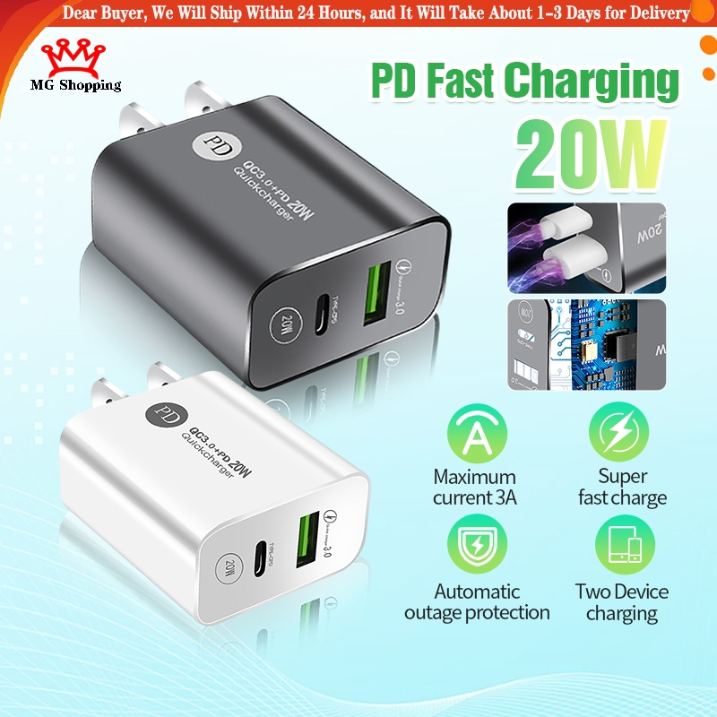 PD20W Super Fast Charge USB Type C Charger 3A PD QC Charger Adapter Dual Port Wall Adapter ...