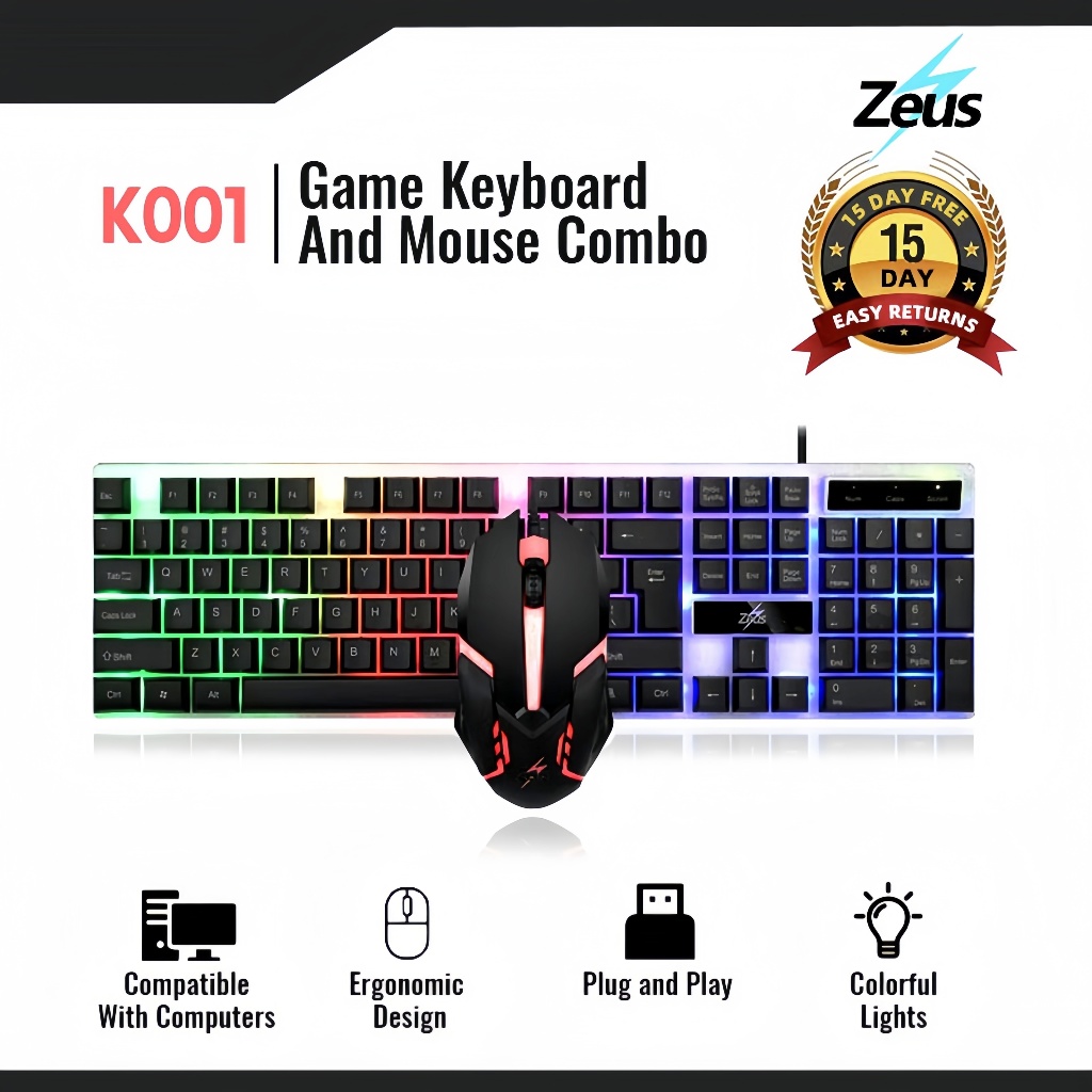 Zeus Colorful Led Gaming Keyboard Mouse Set Illuminated Backlight Set ...