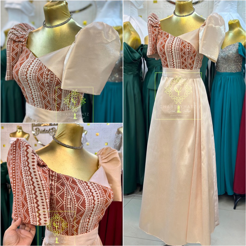 Modern Filipiniana Gazar Champagne with Ethnic batik Rust Top and skirt ...