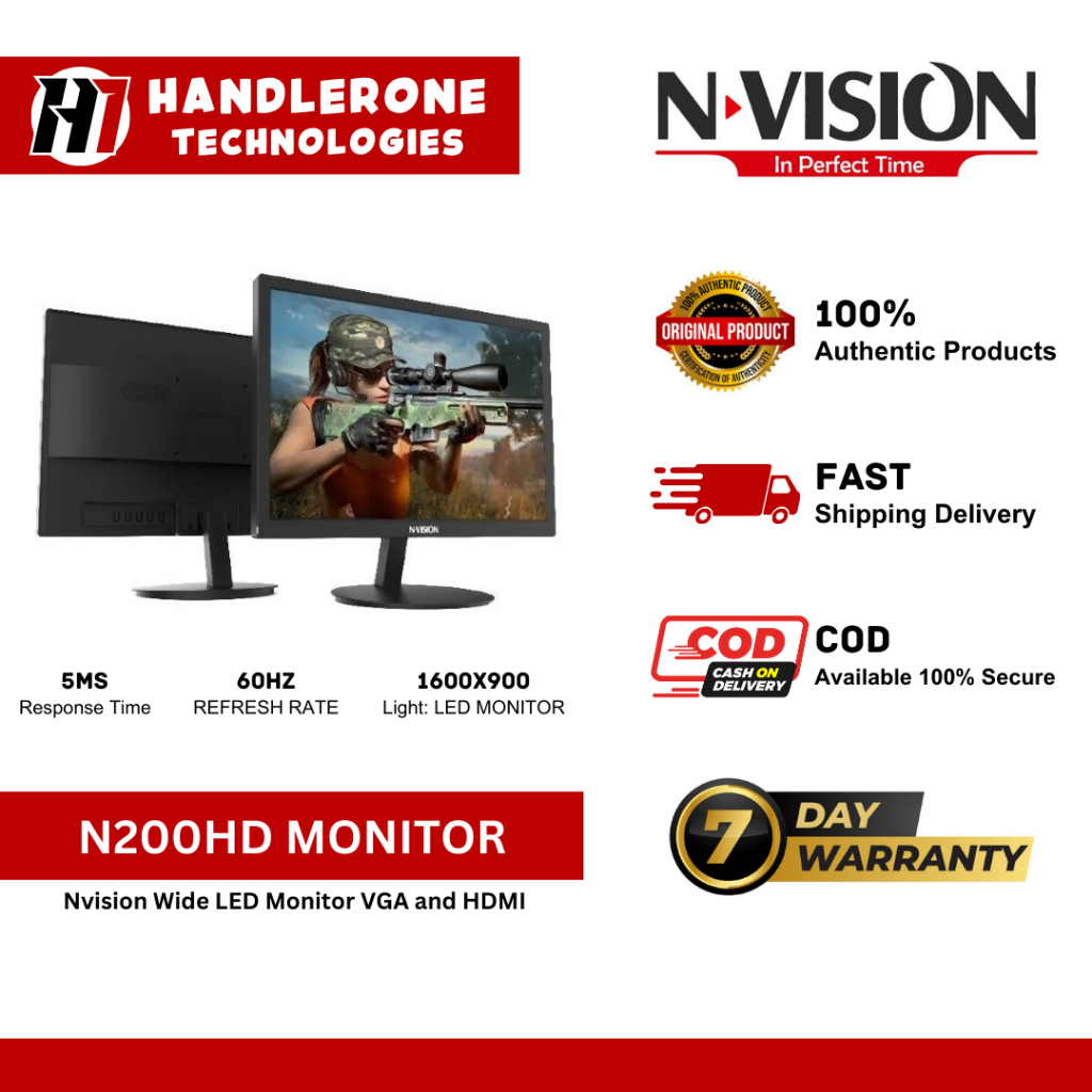 Nvision N200HD 20 Inches Wide Led Gaming Monitor 60Hz VGA HDMI Black ...
