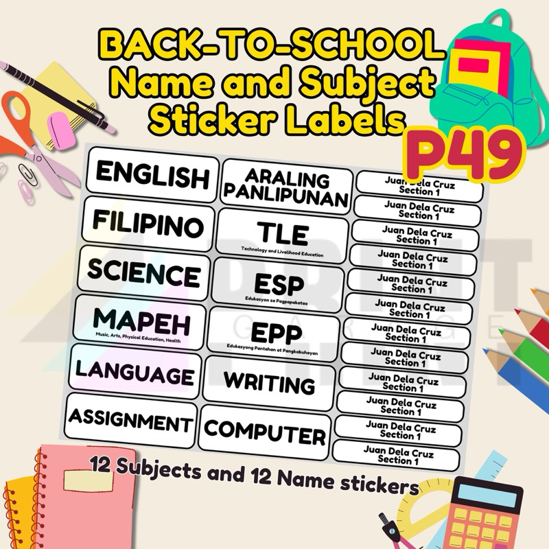 Back-to-School SUBJECT and NAME sticker label | Shopee Malaysia