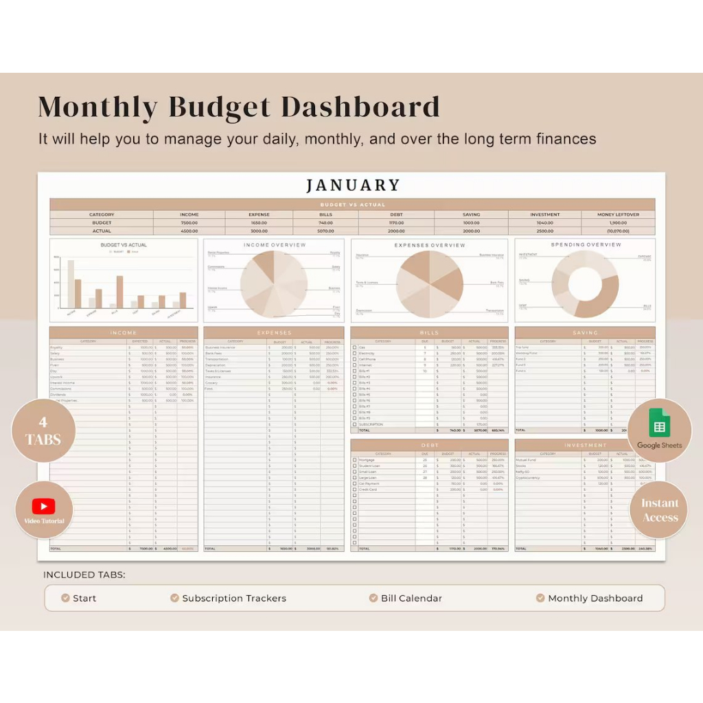 Monthly Budget Spreadsheet For Google Sheets, Budget Planner, Digital ...