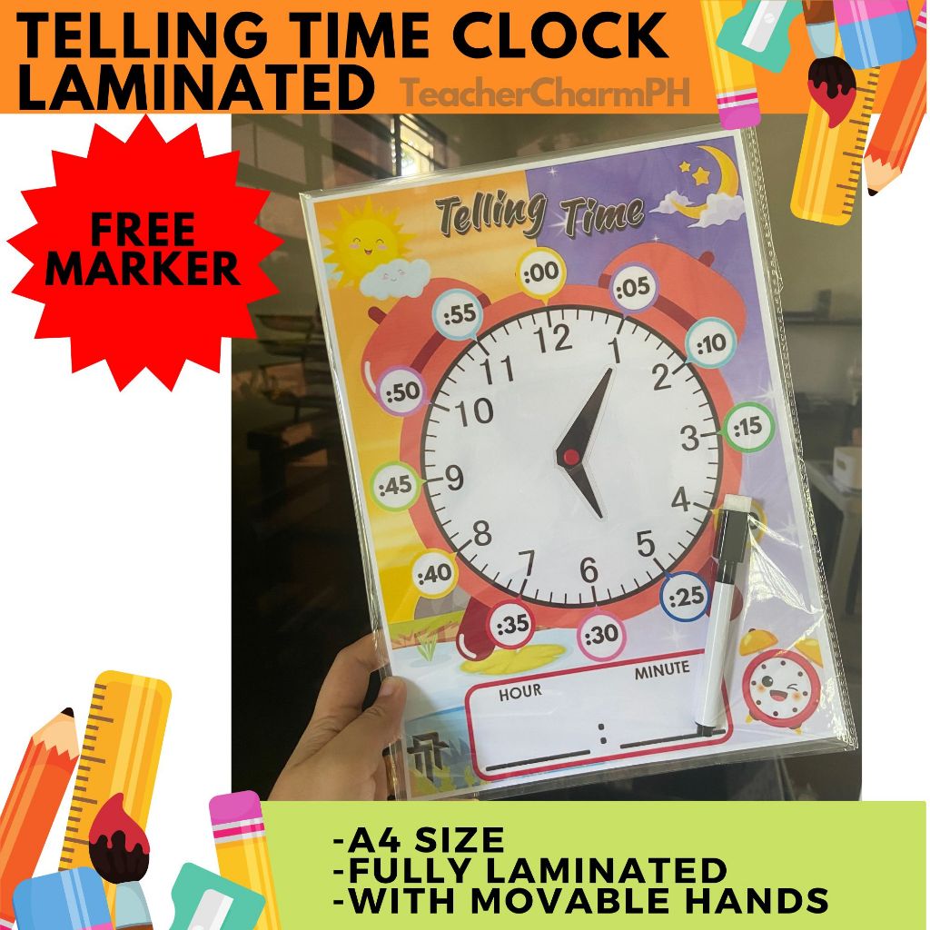 Telling Time Clock Laminated Movable Hands with Free Marker A4 size ...