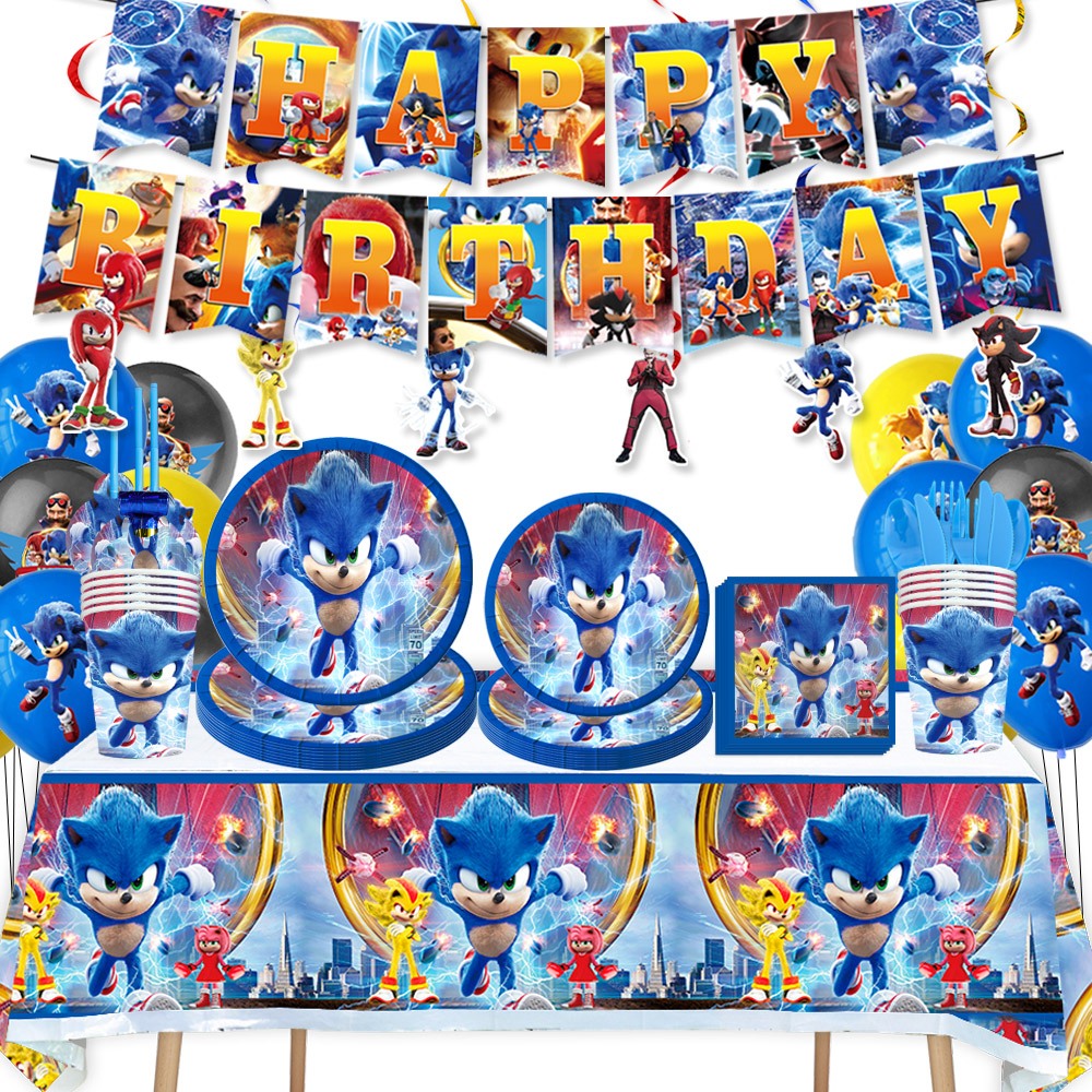 New Sonic Theme Party Supplies HBD Banner Tablecloth Paper Hats Balloon ...
