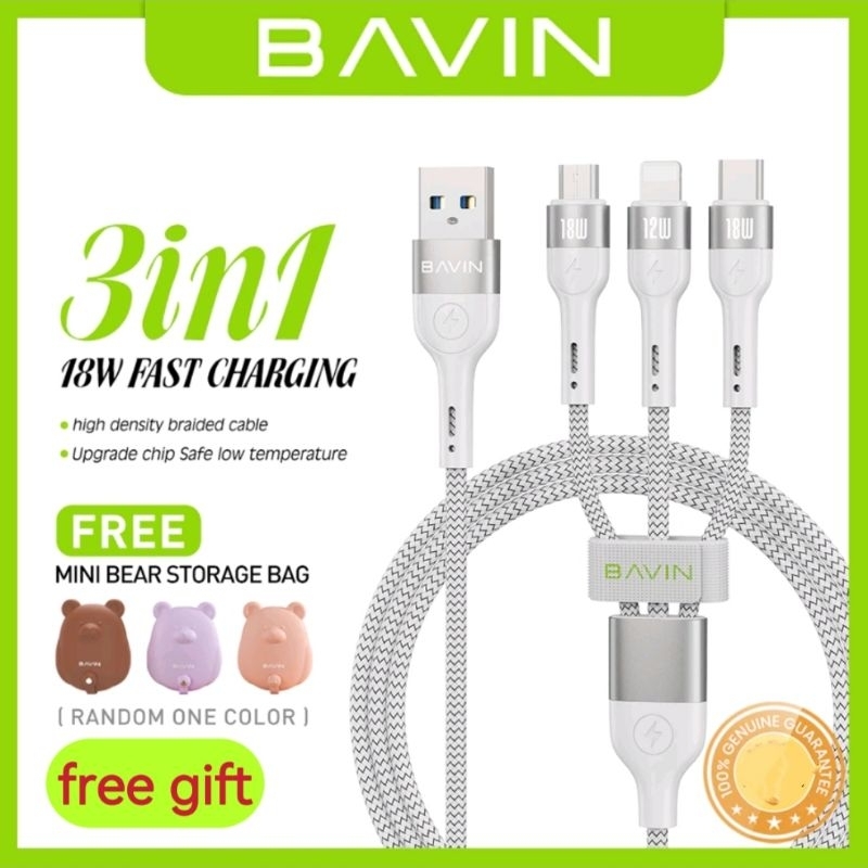 BAVIN CB236 3 in 1 charger cable Micro 18W With Mini Bear Storage Bag ...