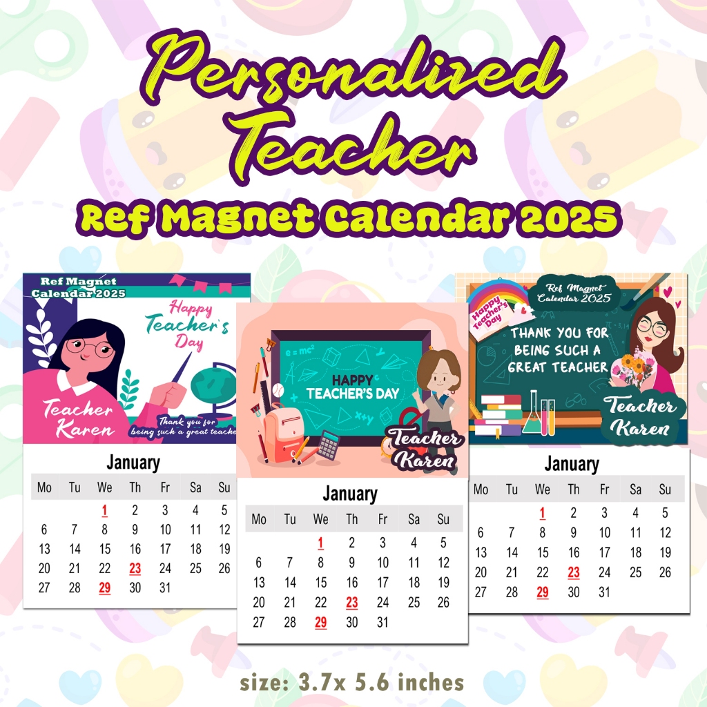 Personalized Teachers Day Calendar 2025 ref magnet with glitters ...