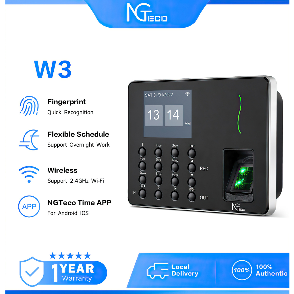 NGTeco W3 Fingerprint Time Attendance Machine WiFi Auto Digital Bundy ...