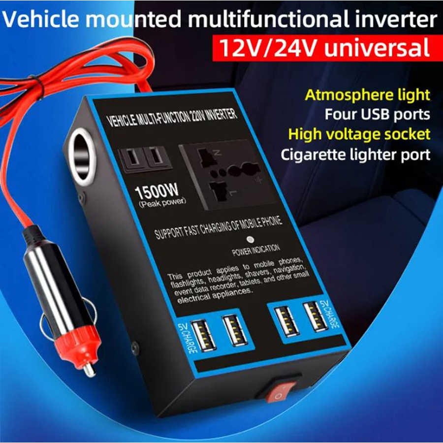 1500W Multi-function Vehicle Power Inverter 4 USB Port 2 AC Socket 220V ...
