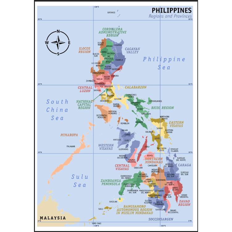 Philippines Map Waterproof with Regions Provinces and Latitude A4 ...