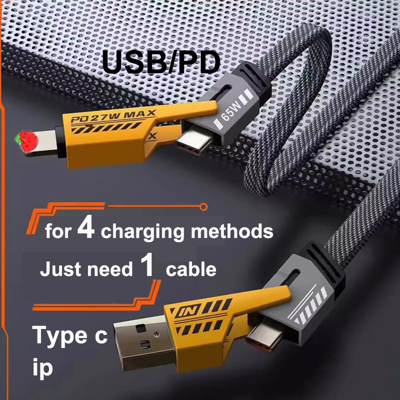 4 In 1 Mechanical style ip typec fast charger metal braided Cable support USB and PD type c ...