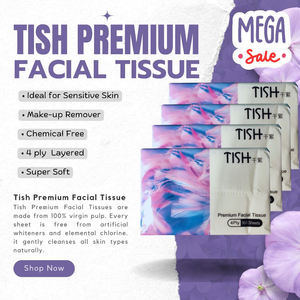 Tissue ( TISH ) PREMIUM Facial Tissue 360 sheets 4 ply layered for ...
