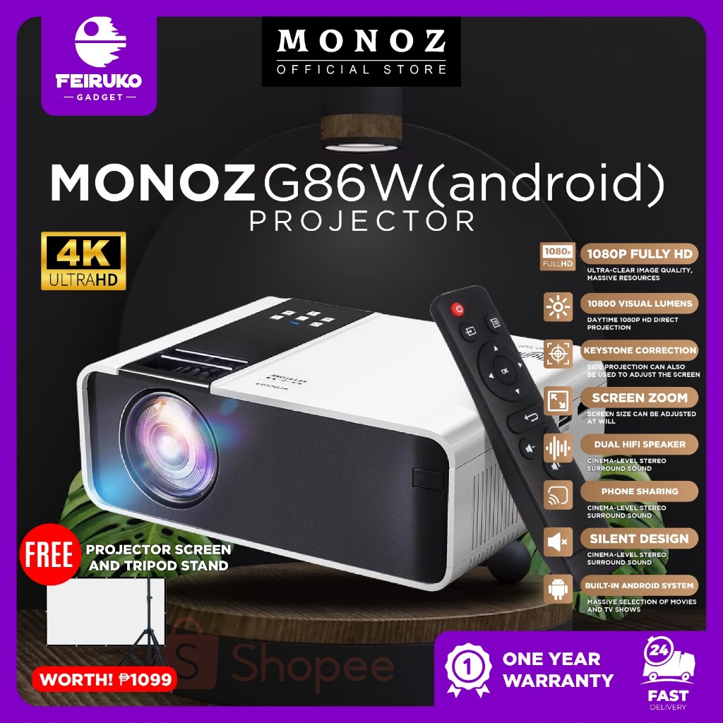 M-Projector G86W 4K UHD HD Portable Projector 6000 Lumens OS Android ...