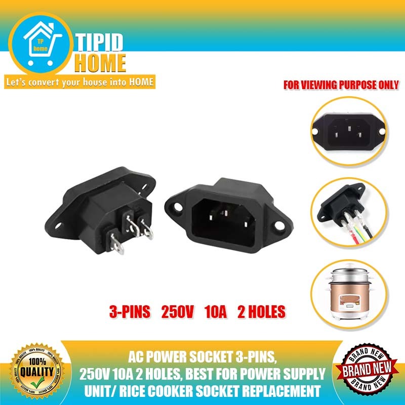 AC POWER SOCKET 3-PINS, 250V 10A 2 HOLES, BEST FOR POWER SUPPLY UNIT ...