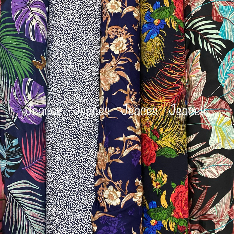 JEACES Korean Challis Tropical Leaves 356 (60" width) TELA PER YARD ...