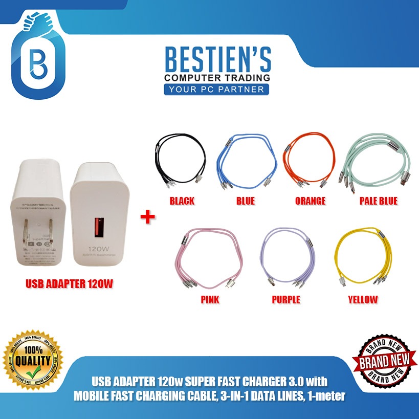 USB ADAPTER 120w SUPER FAST CHARGER 3.0 with MOBILE FAST CHARGING CABLE ...