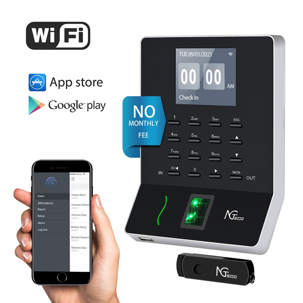 NGTeco W2 Fingerprint Time Attendance Machine WiFi/APP Time Recorder ...