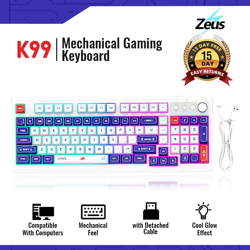 Zeus Wired Mechanical Like Keyboard Ergonomics 98 Keys RGB Type-C Gaming Keyboard PBT Keycaps ...