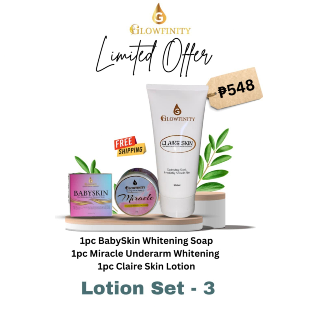 Glowfinity Cosmetics Lotion Set 3 (Miracle UA Whitening Deo, Baby Skin Soap & Claire Skin Lotion ...