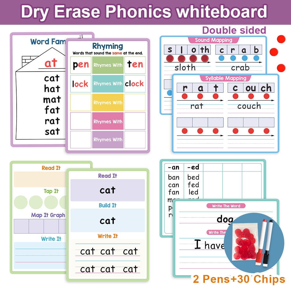 4Pcs CVC Phonics Whiteboard for Kids Dry Erase Word Family Educational ...