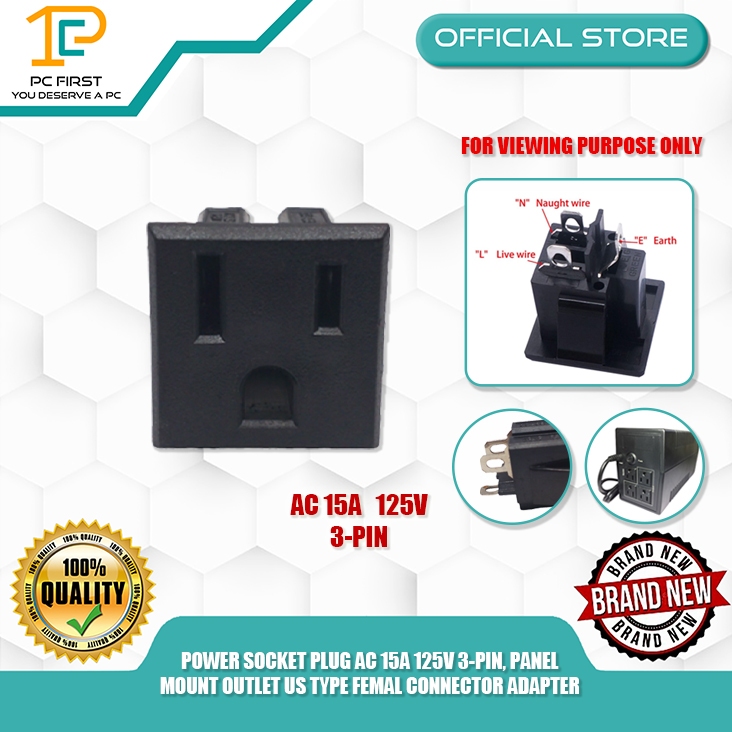 PC FIRST POWER SOCKET PLUG AC 15A 125V 3-PIN, PANEL MOUNT OUTLET US ...