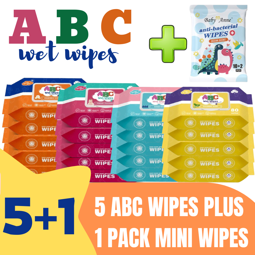 5 PACKS ABC WIPES + 1 PACK MINI OCEAN WIPES (POWDER, CUCUMBER ...