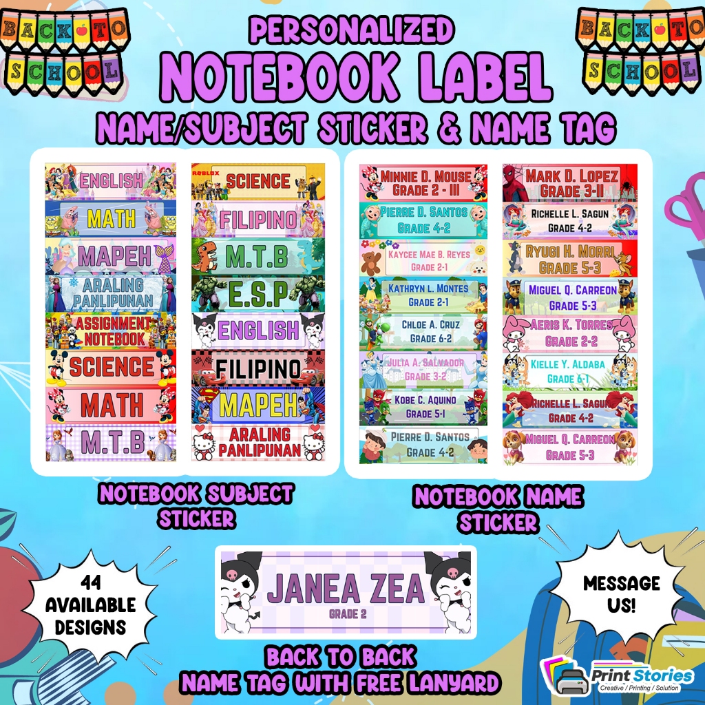 Name Subject Notebook/Book Sticker Label, Name Tag with ID Lace ...