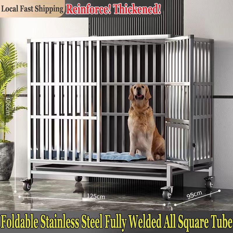 Dog Cage Stainless Dog Crate Kennel Foldable Metal Cage with Lockable ...
