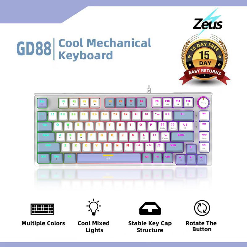 Zeus GD-88 Hot swappable mechanical gaming keyboard Wired 82 key color ...
