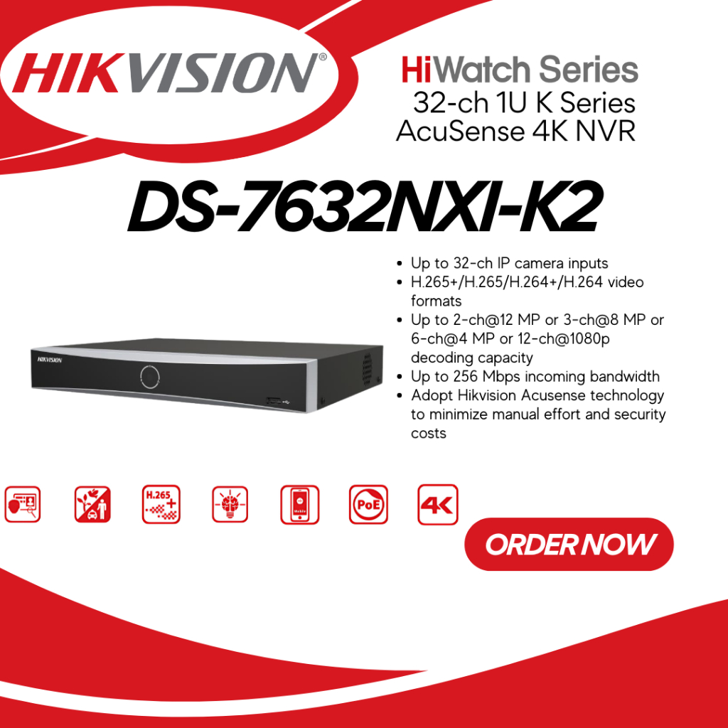 HIKVISION (DS-7632NXI-K2) - 32 Channel 1U K Series AcuSense 4K CCTV NVR | Shopee Malaysia