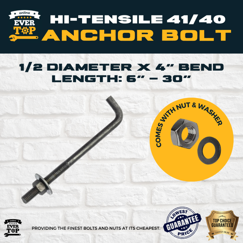 1/2 X 6"-30"X 4 HIGH TENSILE 4140 Anchor Bolt w/ Hitensil Nut & Washer ...