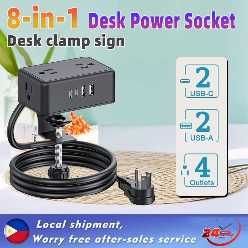 Desk Clamp 8 in 1 Power Strip USB C 2m Heavy Duty Extension Cord Surge ...