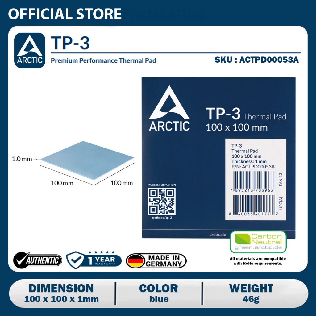 ARCTIC TP-3: Premium Performance Thermal Pad, 100 x 100 x 1.0 mm ...