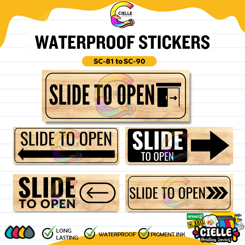 WATERPROOF STICKER SIGNAGES (SC-81 to SC-90) – Slide to Open Signage ...