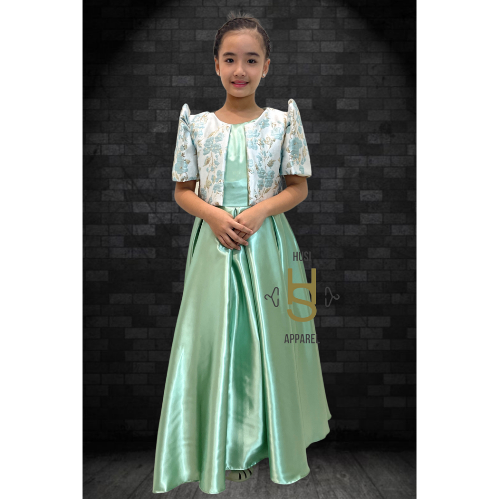 SAGE GREEN BROCADE FILIPINIANA BOLERO AND HEAVY SATIN DRESS FOR KIDS ...