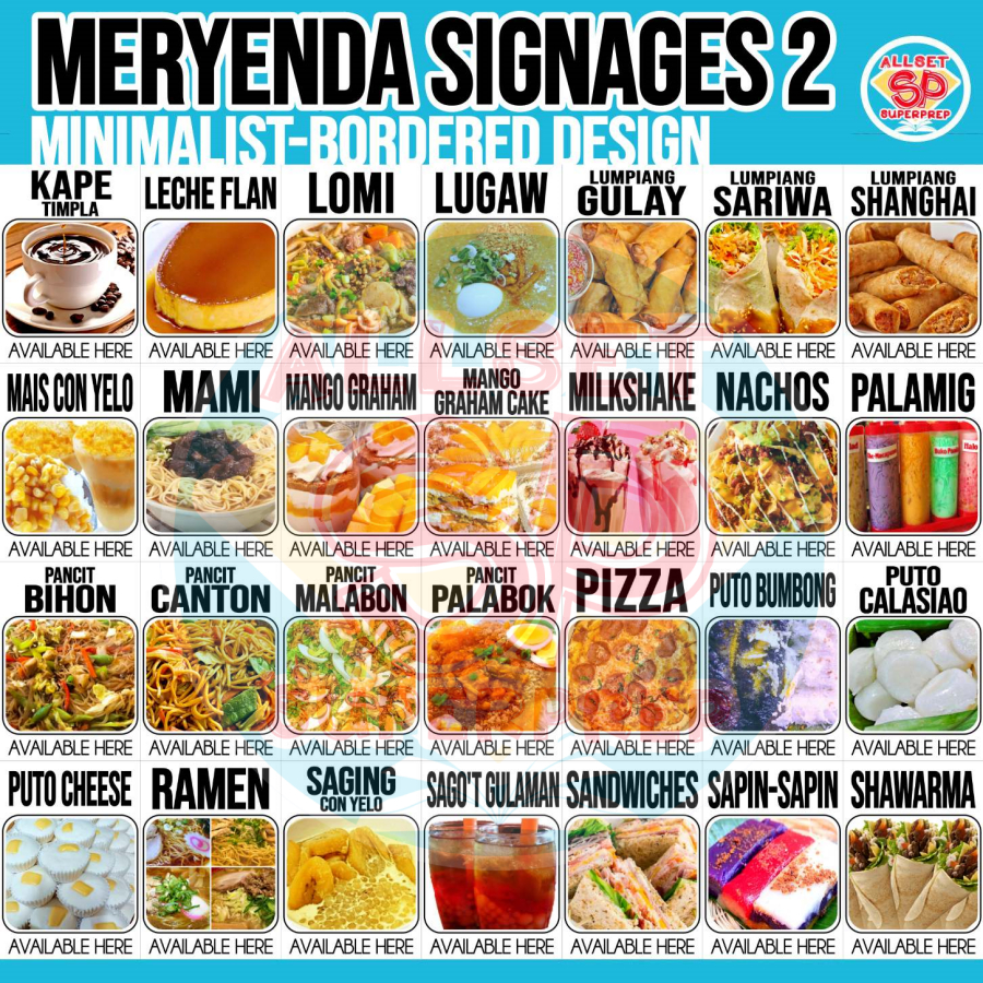 MERYENDA FOOD SIGNAGES 2 Kape Lomi Leche Flan Nachos Pansit Pizza ...